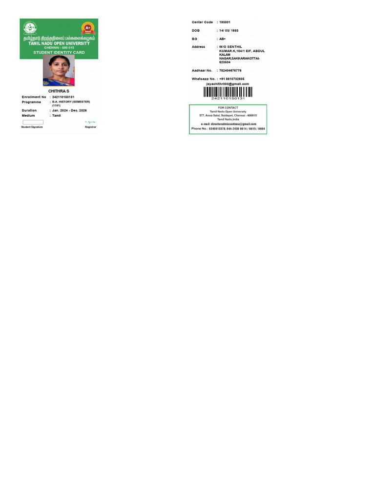 Tnou - Ba - History - Id Card - Chithra .S | PDF