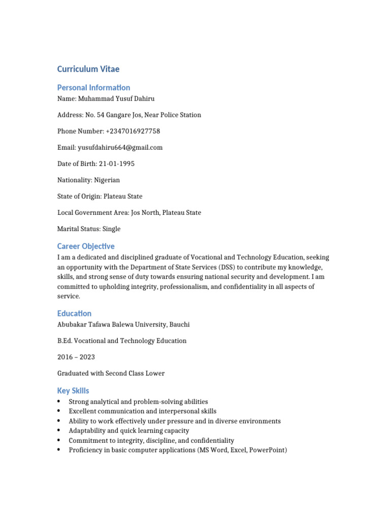 Muhammad Yusuf Dahiru CV | PDF
