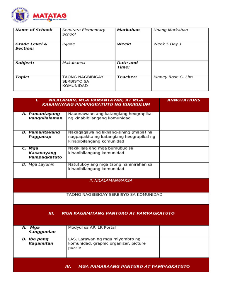 DLP - Makabansa - Q1 - W5 - D1 | PDF