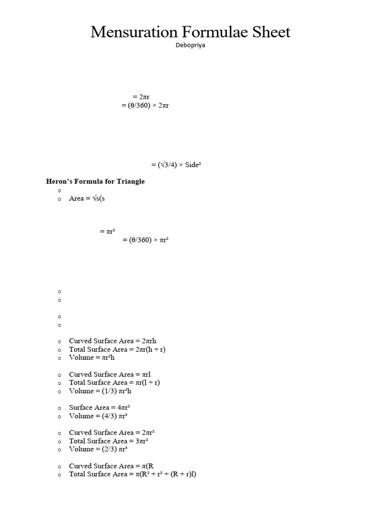 Mensuration Formulas for Grade 11 | PDF