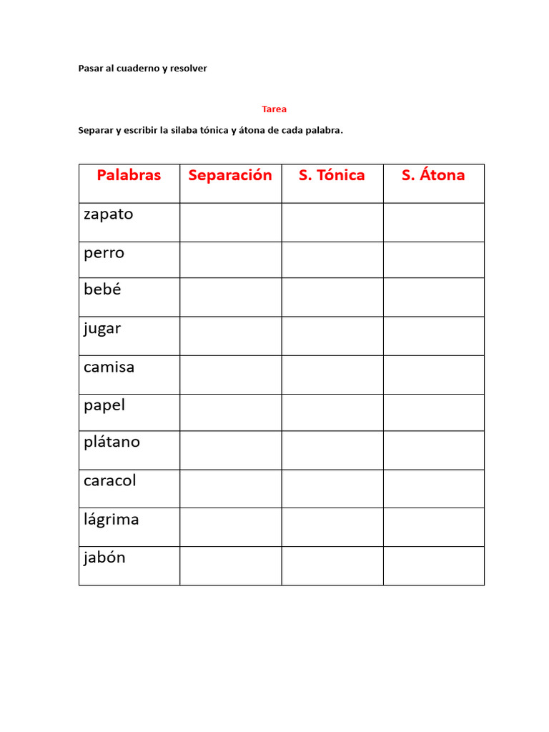 Sílaba Tónica y Átona: Actividades | PDF