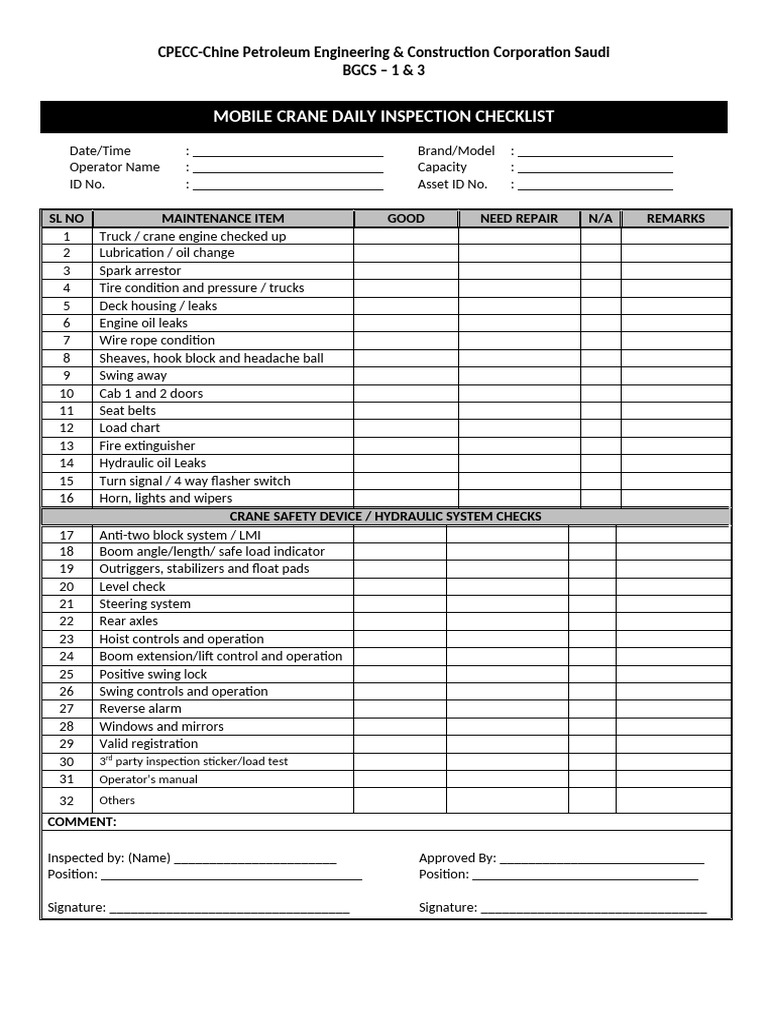 Crane Inspection Checklist Rev. 01 | PDF