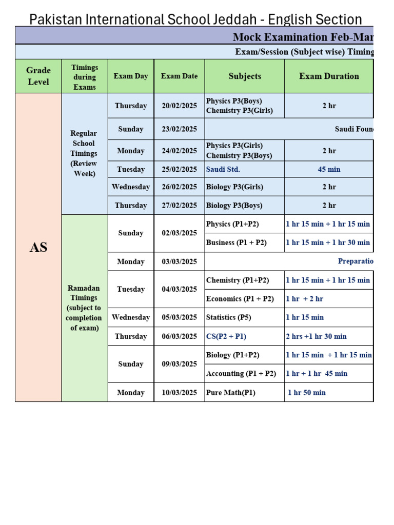 AS-Final-Mock Exam Schedule 2024-25 2026415321 | PDF | Educational Stages