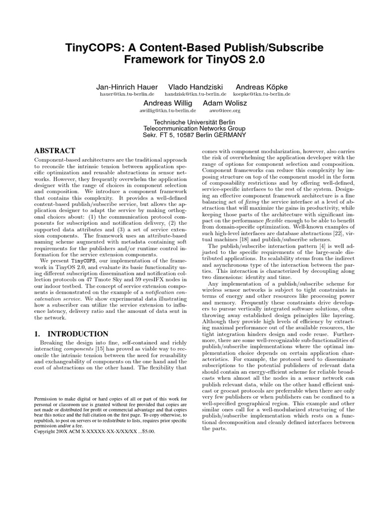 TinyCOPS: A Content-Based Publish/Subscribe Framework For TinyOS 2.0 | PDF | Cache (Computing ...