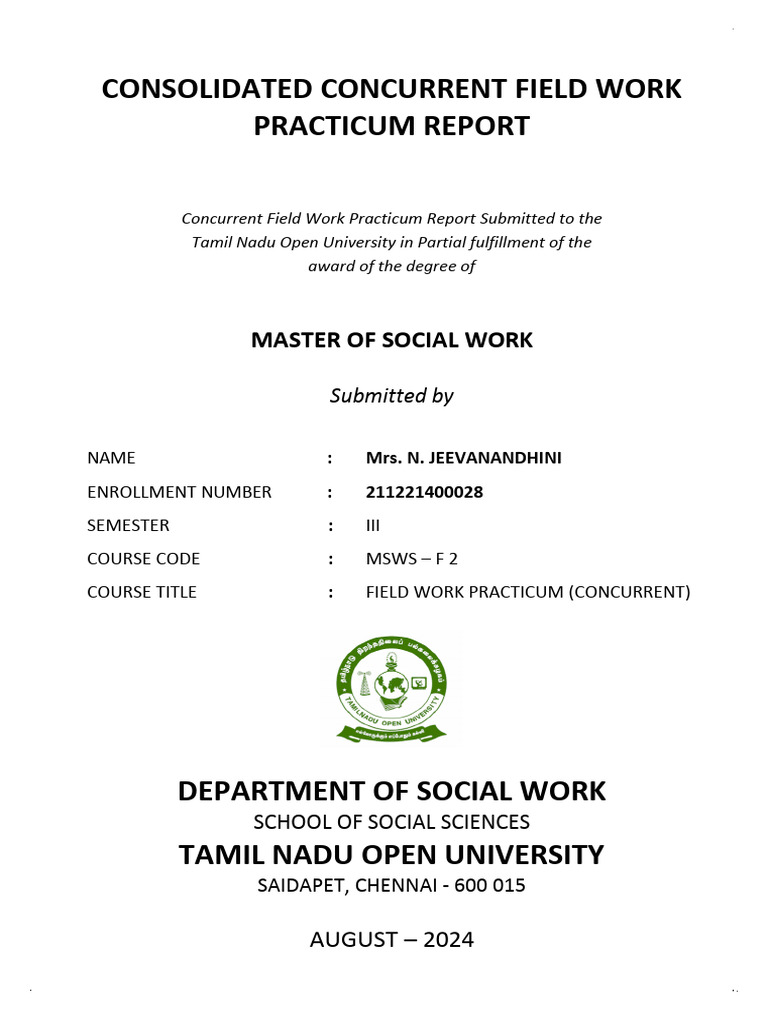 Mrs. N. JEEVANANDHINI - MSW - FIELD WORK PRACTICUM (CONCURRENT) REPORT | PDF | Mental Health ...