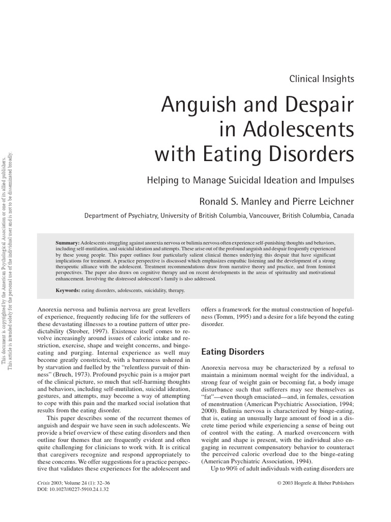Anguish and Despair in Adolescents With Eating Disorders | PDF | Eating ...