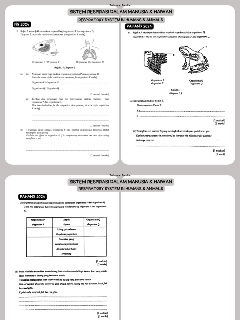 f4 Bab 8 Sistem Respirasi Dalam Manusia & Haiwan - Soalan | PDF