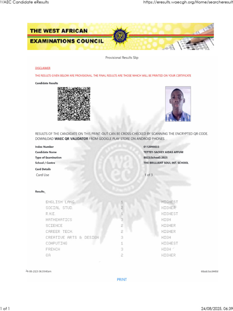 WAEC Provisional Results Slip 2025 | PDF