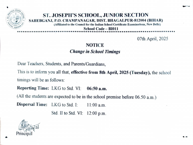 St. Joseph's School Timing Change Notice | PDF