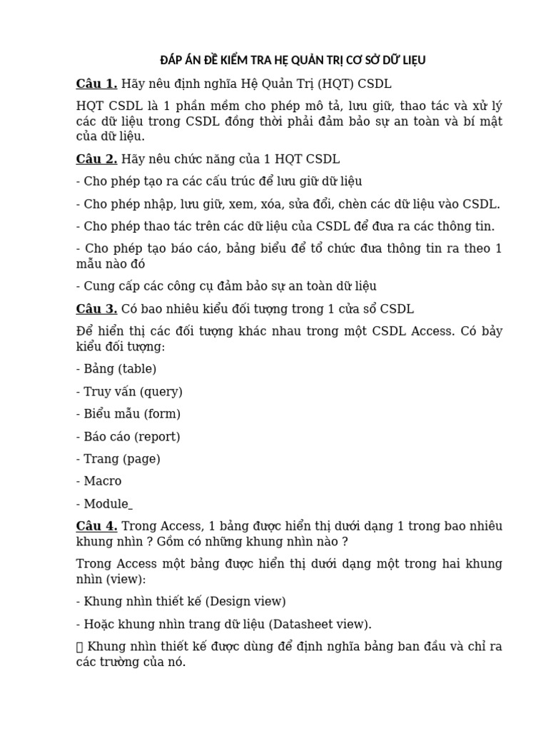 Đáp Án Đề Kiểm Tra Hqt Cơ Sở Dữ Liệu | PDF