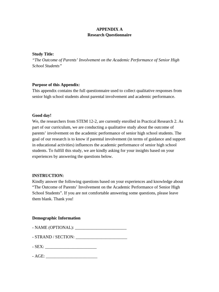 Appendix a Questionnaire | PDF | Questionnaire | Cognition