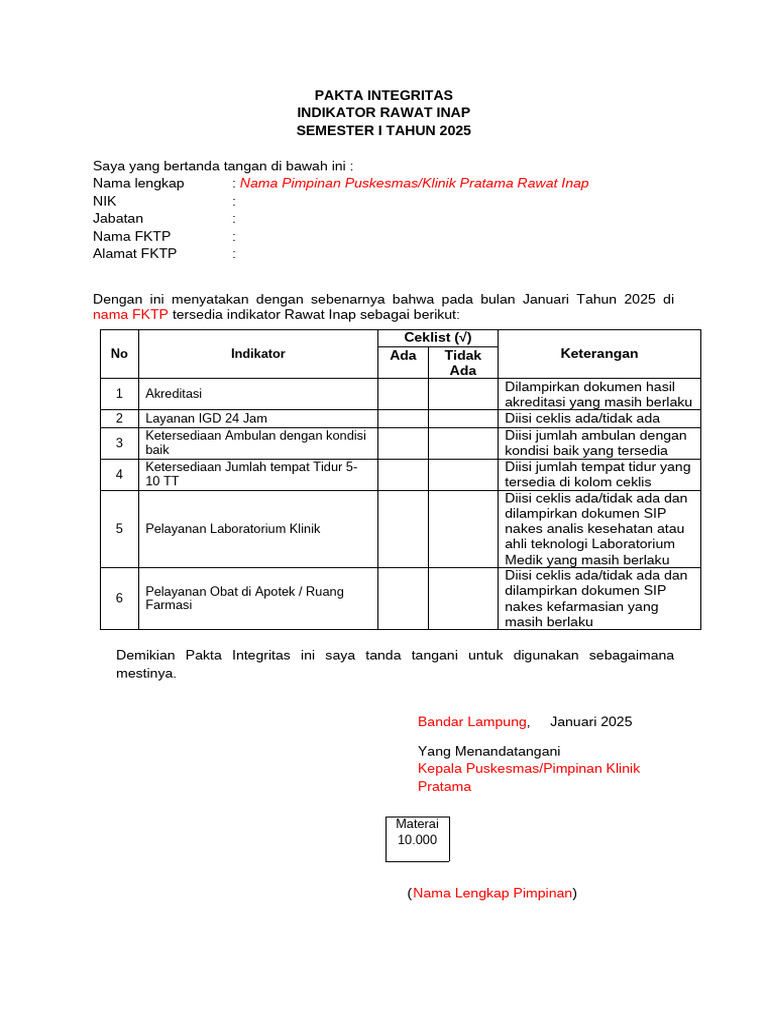 Pakta Integritas Indikator Rawat Inap 2025 | PDF