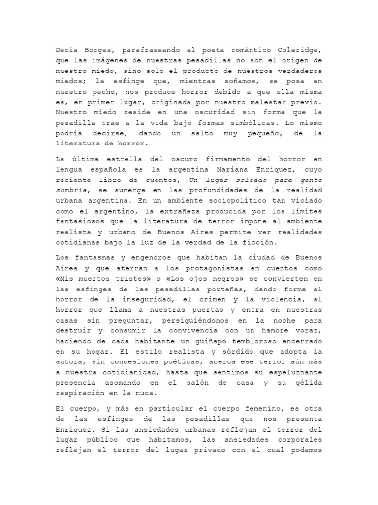 Reseña de Mariana Enriquez, Un Lugar Soleado para Gente Sombría | PDF ...