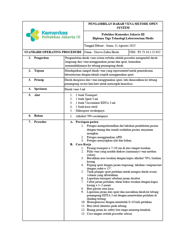 Prosedur Pengambilan Darah Vena Aseptik | PDF