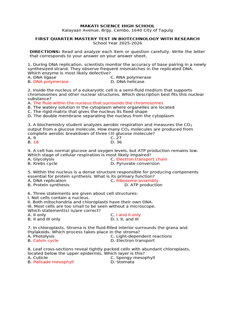 Mastery Test Q1 Answer Key | PDF | Cell (Biology) | Mitochondrion