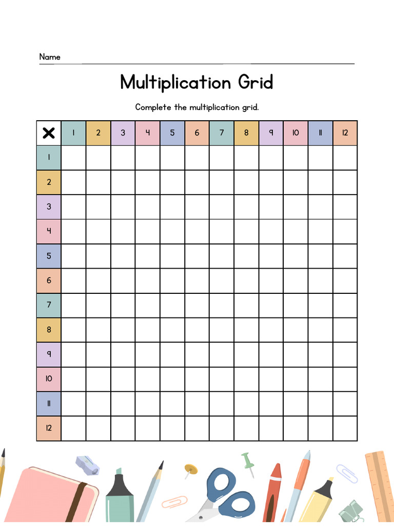 Multiplication Grid Worksheet in Pastel Colors Lined Style | PDF
