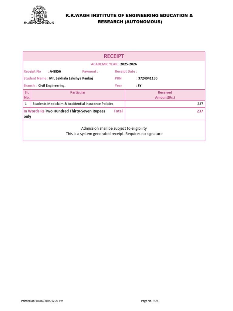 Student Fee Receipt | PDF