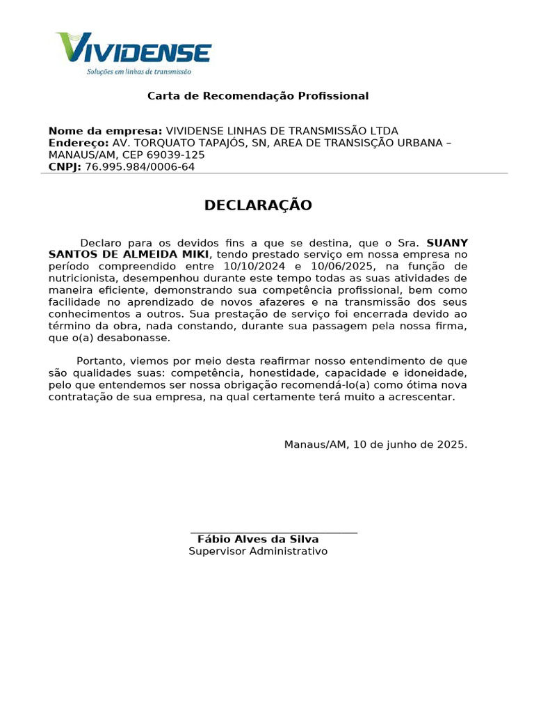 Carta de Recomendação Suany Miki | PDF