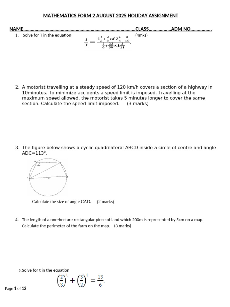 Mathematics Form 2 August 2025 Holiday Assignment | PDF | Mathematics | Geometry