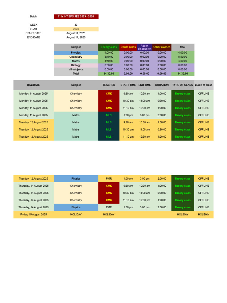 11th INT EPS JEE 2025 Class Schedule | PDF