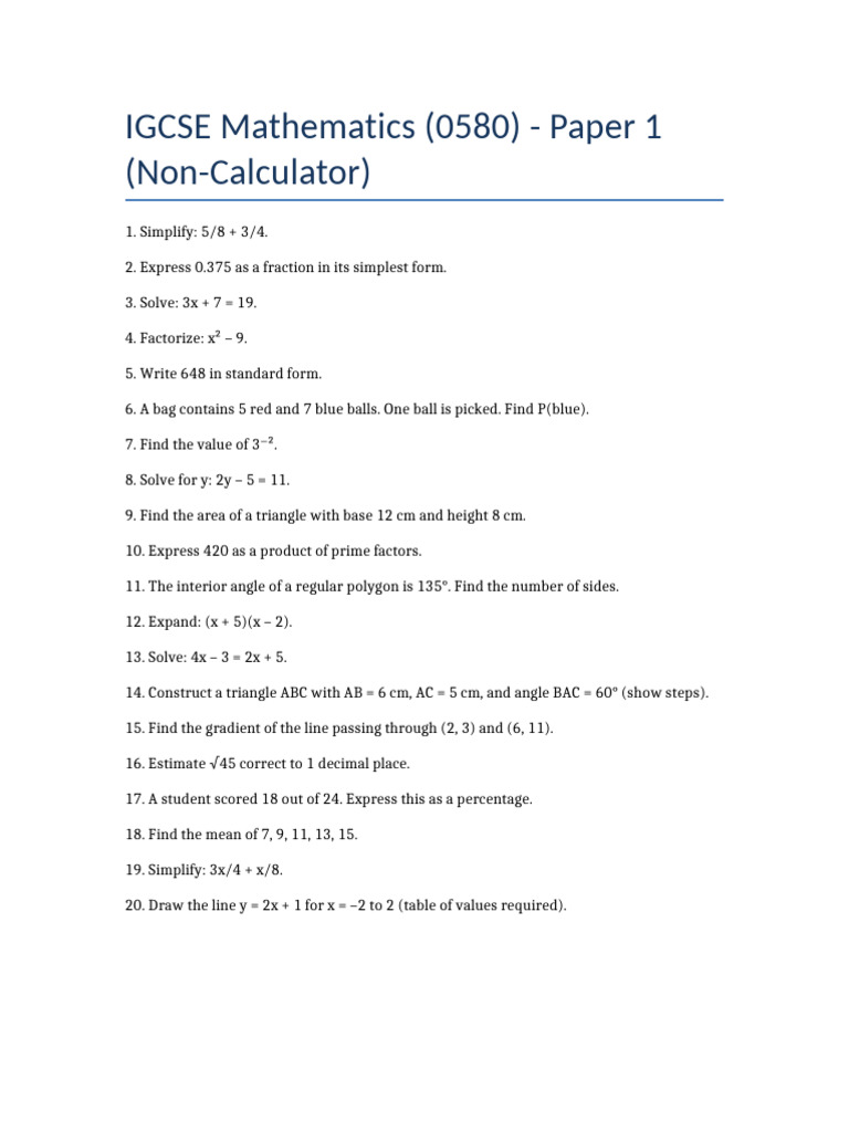 IGCSE Maths 0580 Paper1 | PDF