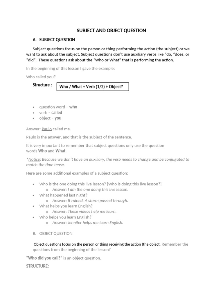 Subject and Object Question | PDF | Subject (Grammar) | Verb