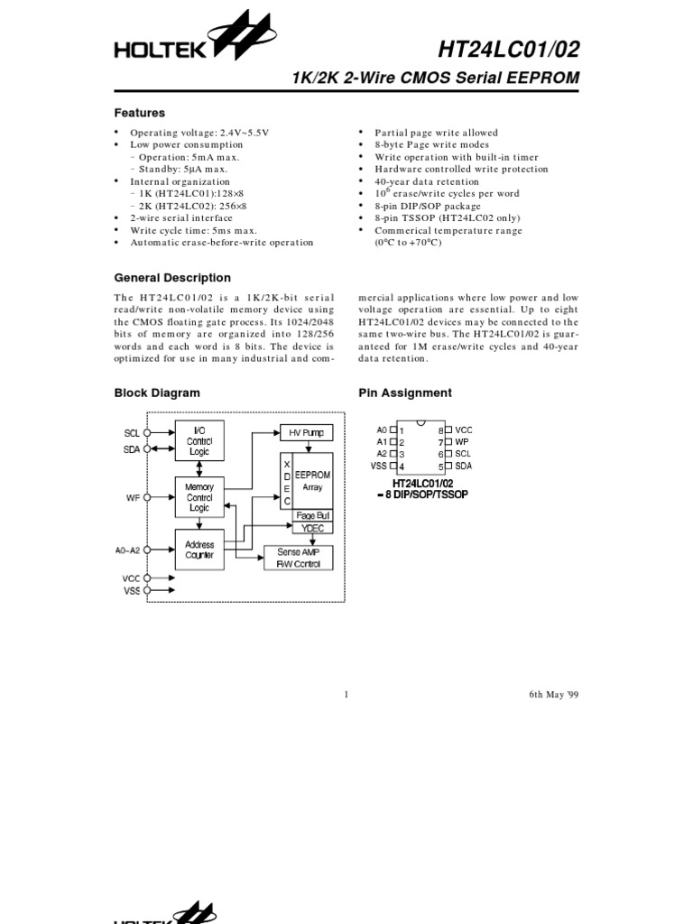 HT24LC01/02 CMOS Serial EEPROM Datasheet Holtek | PDF | Microcontroller | Electronic Design