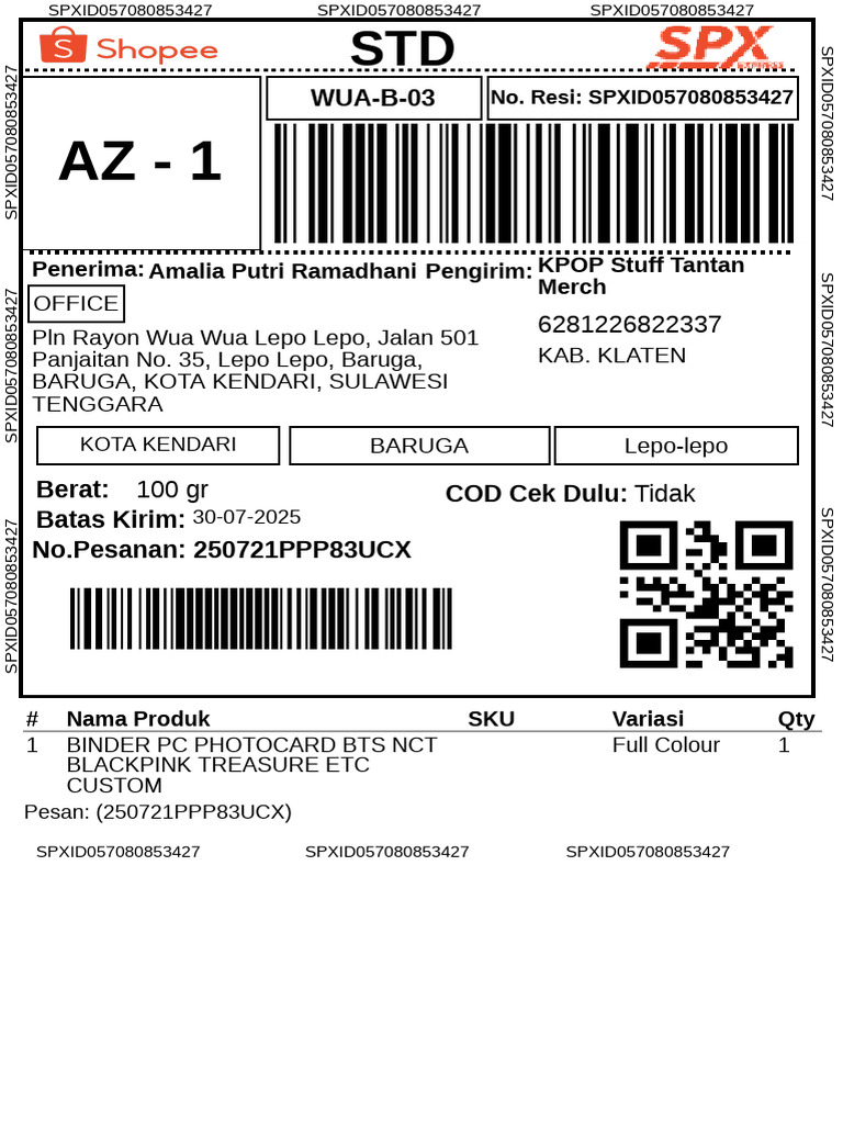WUA-B-03: KPOP Stuff Tantan Merch Penerima: Amalia Putri Ramadhani Pengirim | PDF