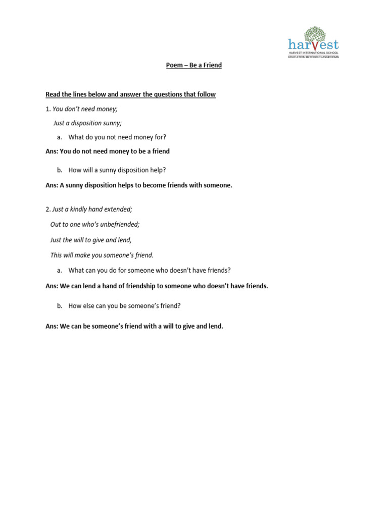 Poem 2-Be A Friend - Notes | PDF