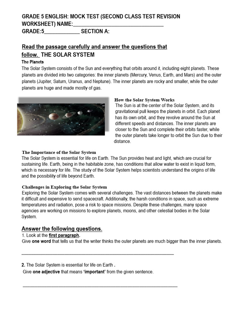 Grade 5 English Mock Test Worksheet | PDF | Solar System | Planets