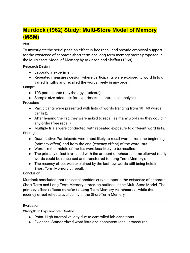 Murdock's Study on Memory Recall | PDF | Memory | Validity (Statistics)