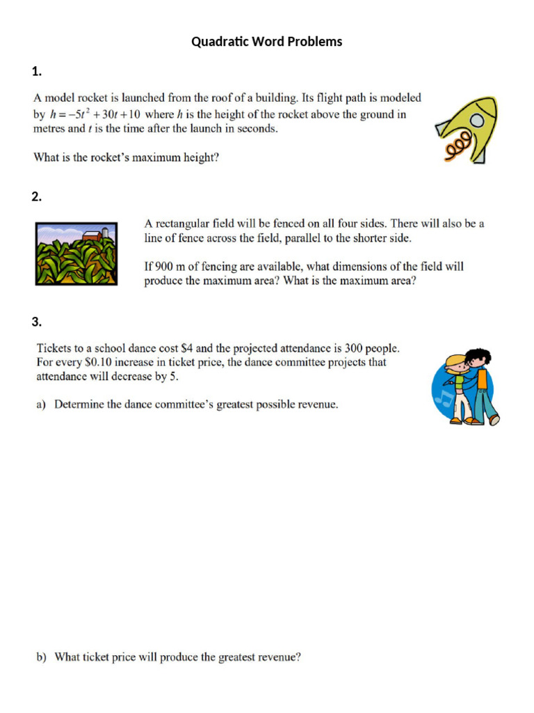 Quadratic Word Problems Worksheet 1 | PDF