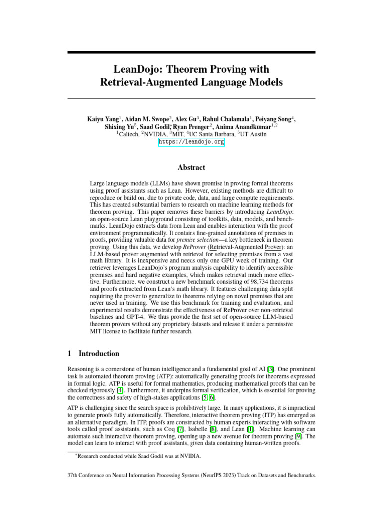 LeanDojo, Theorem Proving With Retrieval-Augmented Language Models, Kaiyu Yang Et Al. (2023 ...