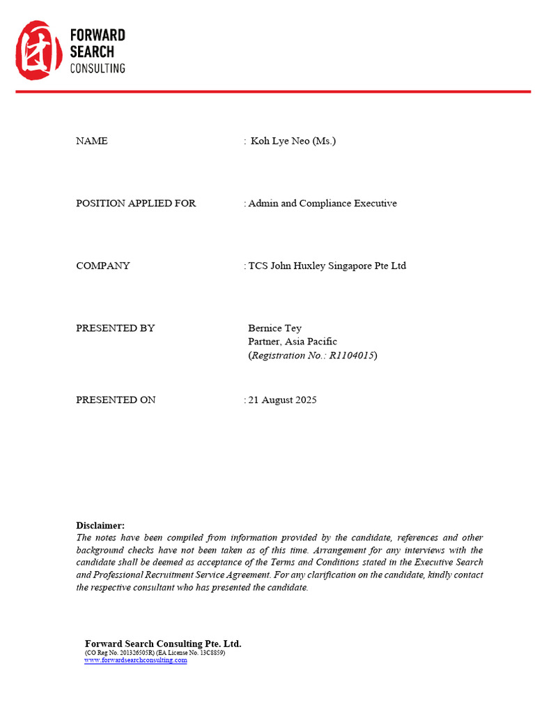 FSC Candidate Profile - Admin and Compliance Executive - TCS John ...