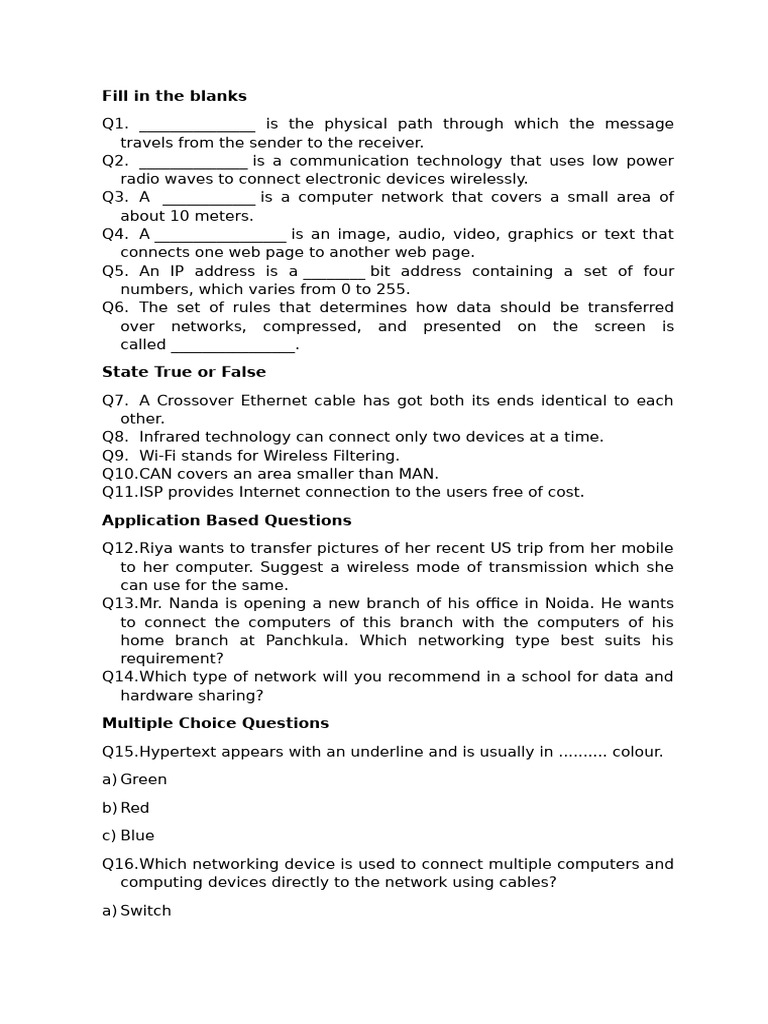 Worksheet Networking Class 8 | PDF | Computer Network | Cable Television