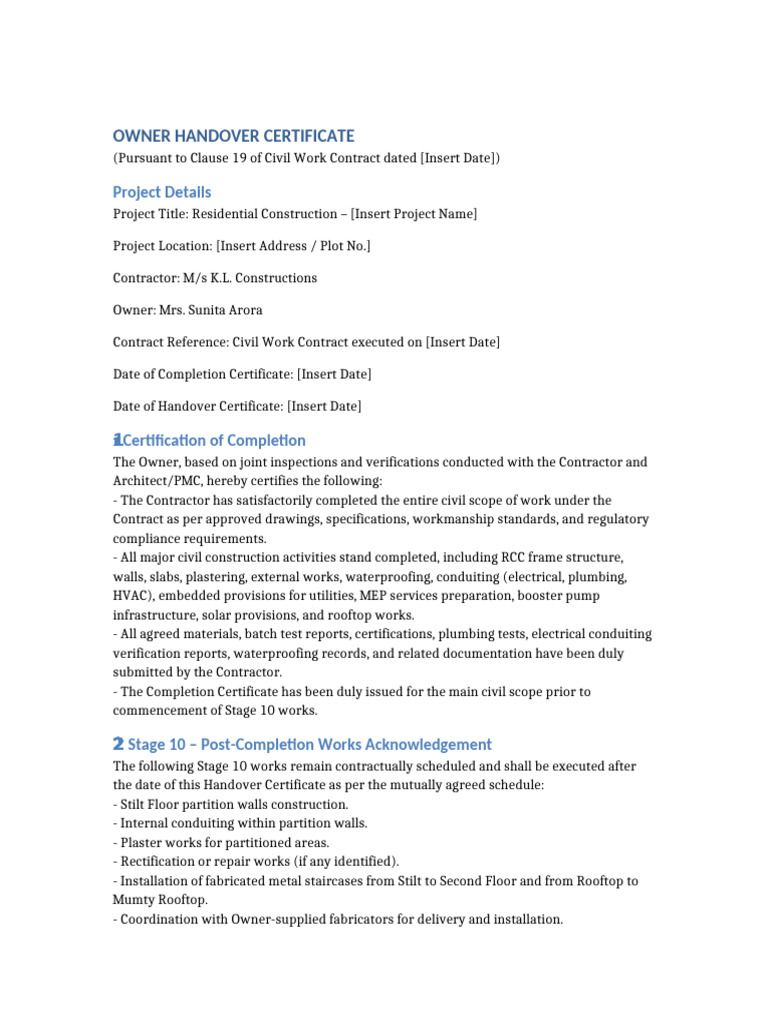 Owner Handover Certificate Template | PDF