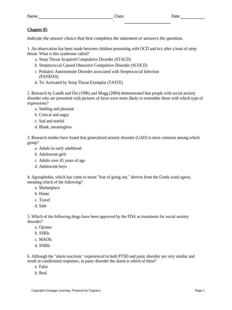 Anxiety Disorders Quiz and Answers | PDF | Panic Attack | Mental Disorder