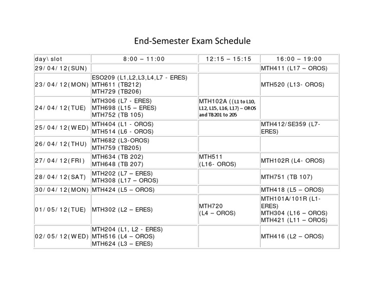 End-Semester Exam Schedule 2012 | PDF