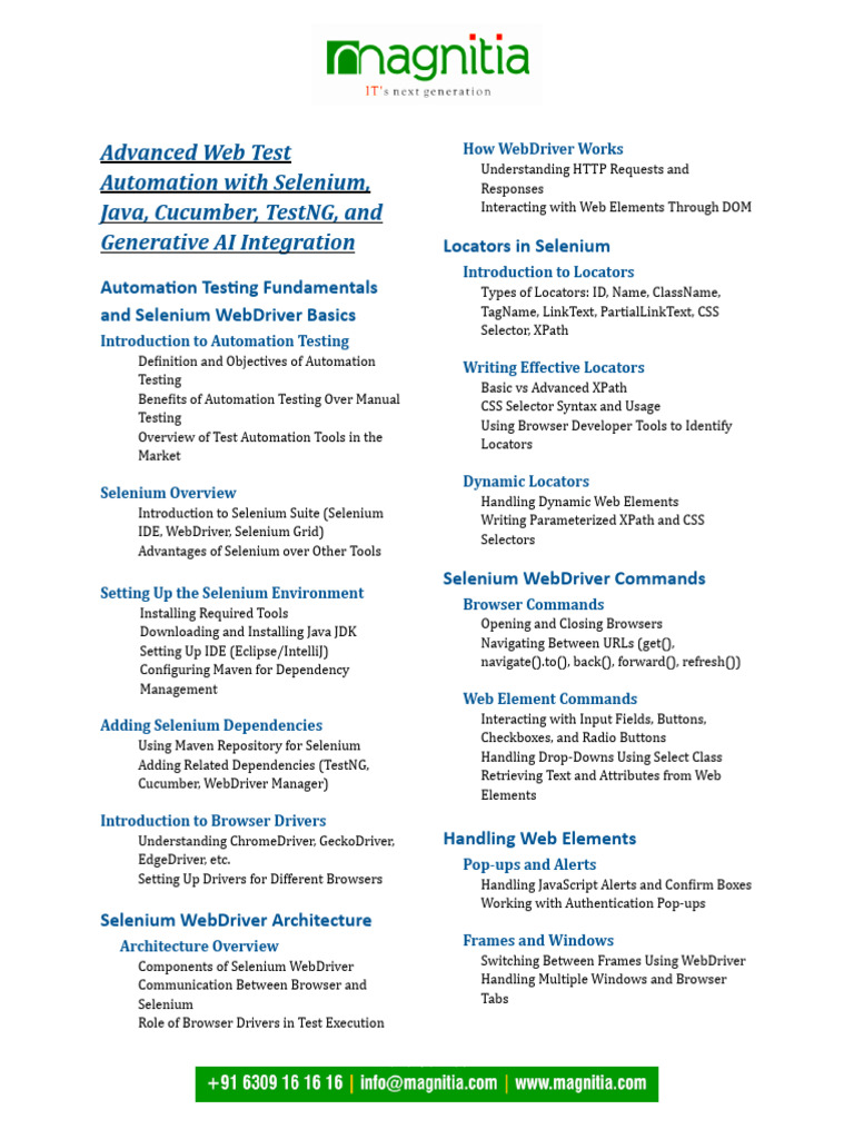 Selenium Powered by AI - Magnitia ToC | PDF | Selenium (Software) | Software Engineering