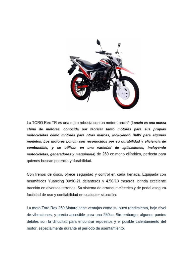 Características y Precio de Toro Rex 250 | PDF | Motocicleta | Motores