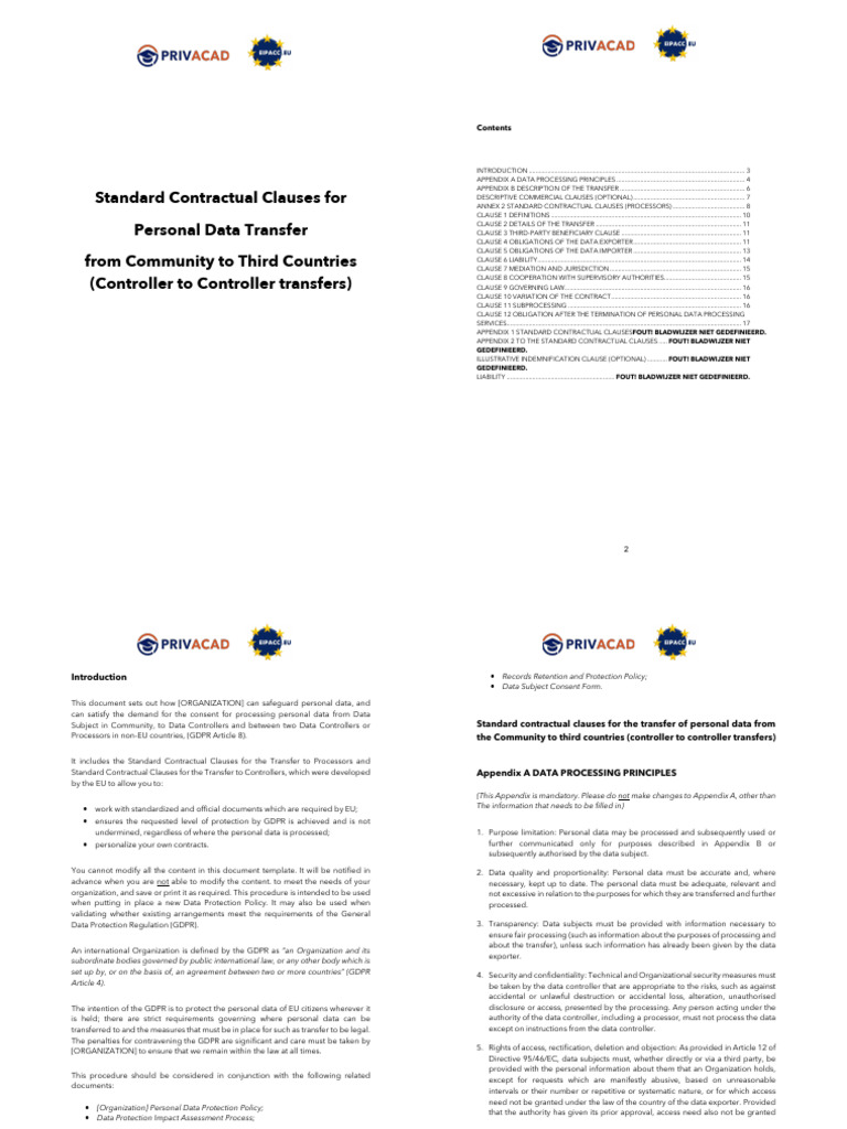 Standard Contractual Clauses Overview | PDF | Indemnity | Justice