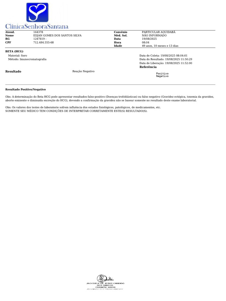 Resultado do Exame Beta HCG - Edjan Silva | PDF