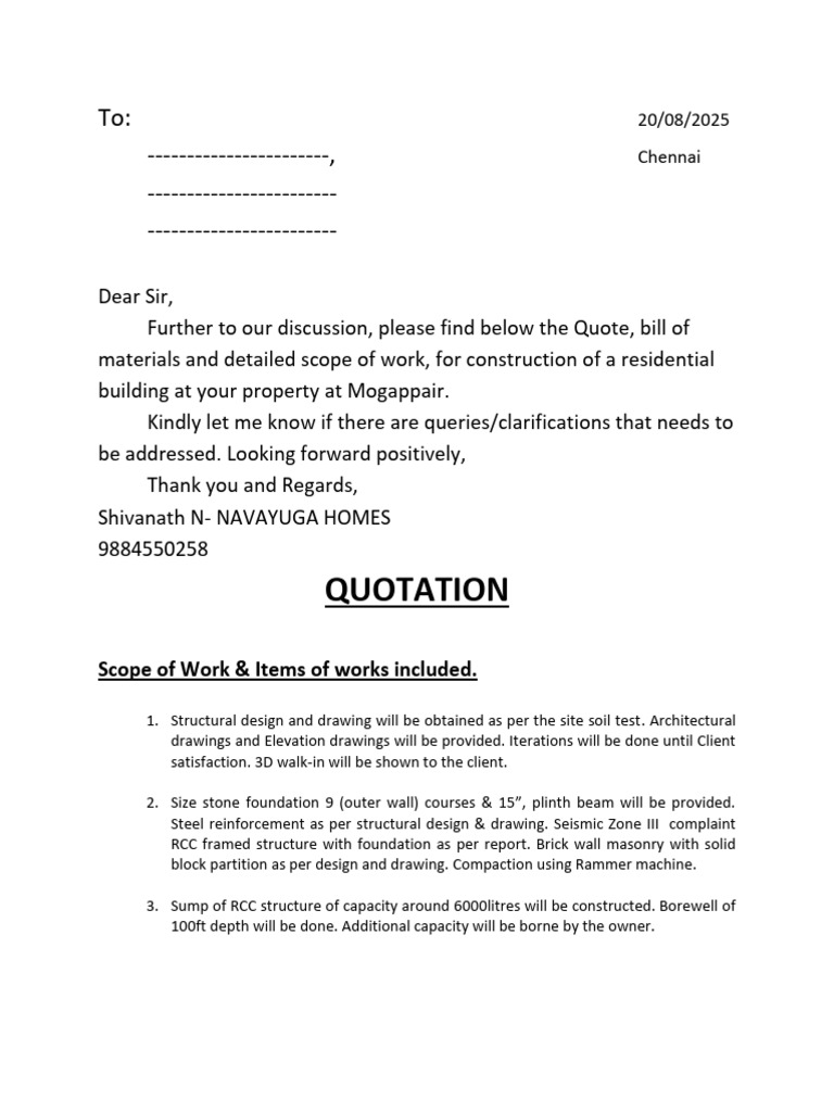 Residential Building Construction Quote | PDF | Wall | Building Engineering