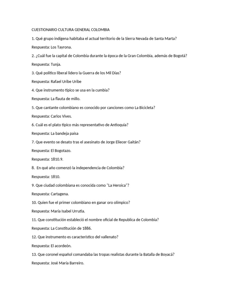 Cuestionario de Cultura General Colombiana | PDF | Colombia | Bogotá