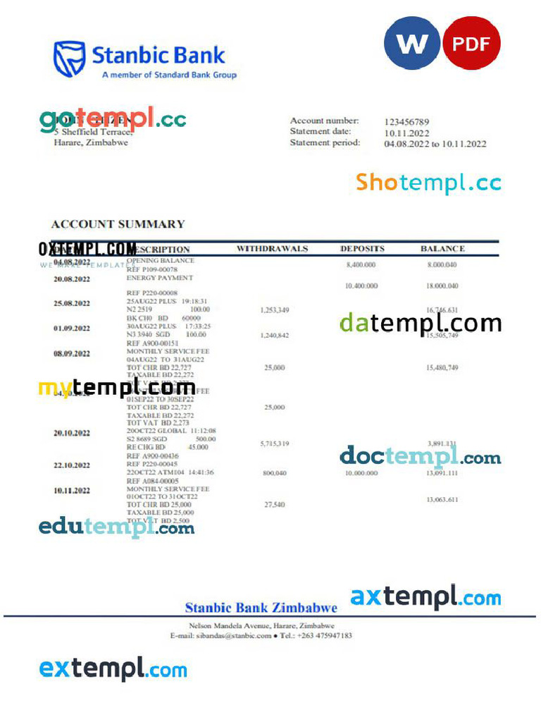 Doctempl - Zimbabwe Stanbic Bank Statement Template in Word and PDF Format | PDF
