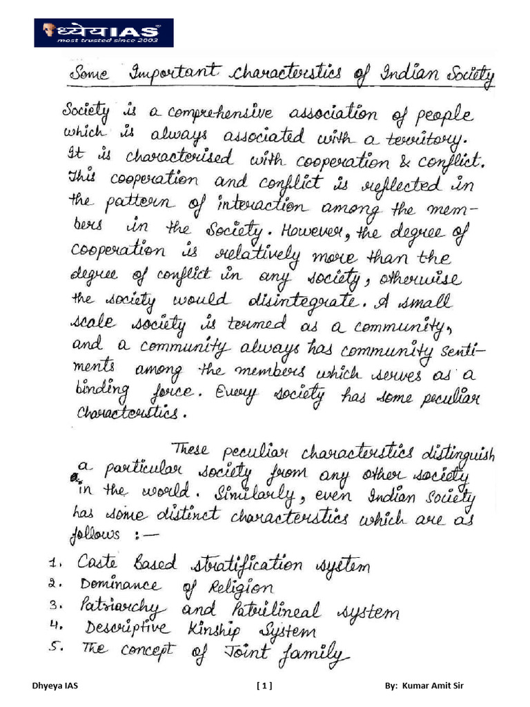 Characteristics of Indian Society | PDF