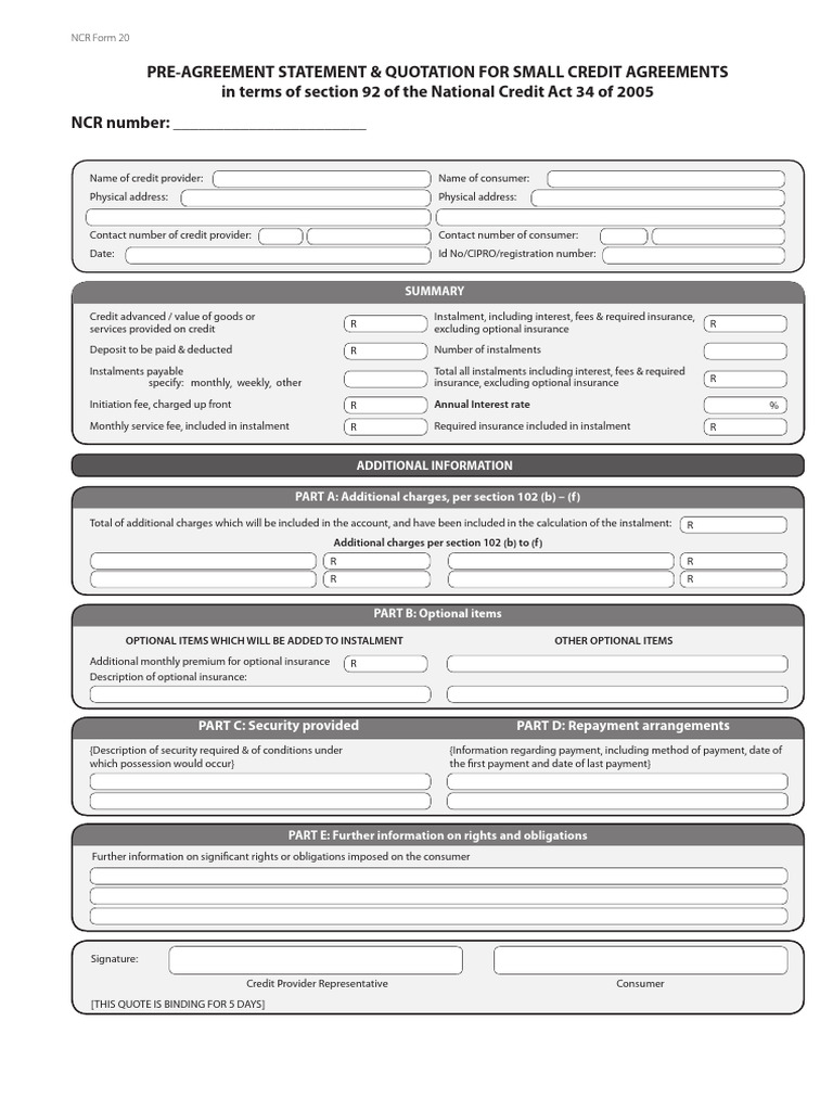 NCR Form 20: Small Credit Agreement | PDF | Credit | Finance & Money ...