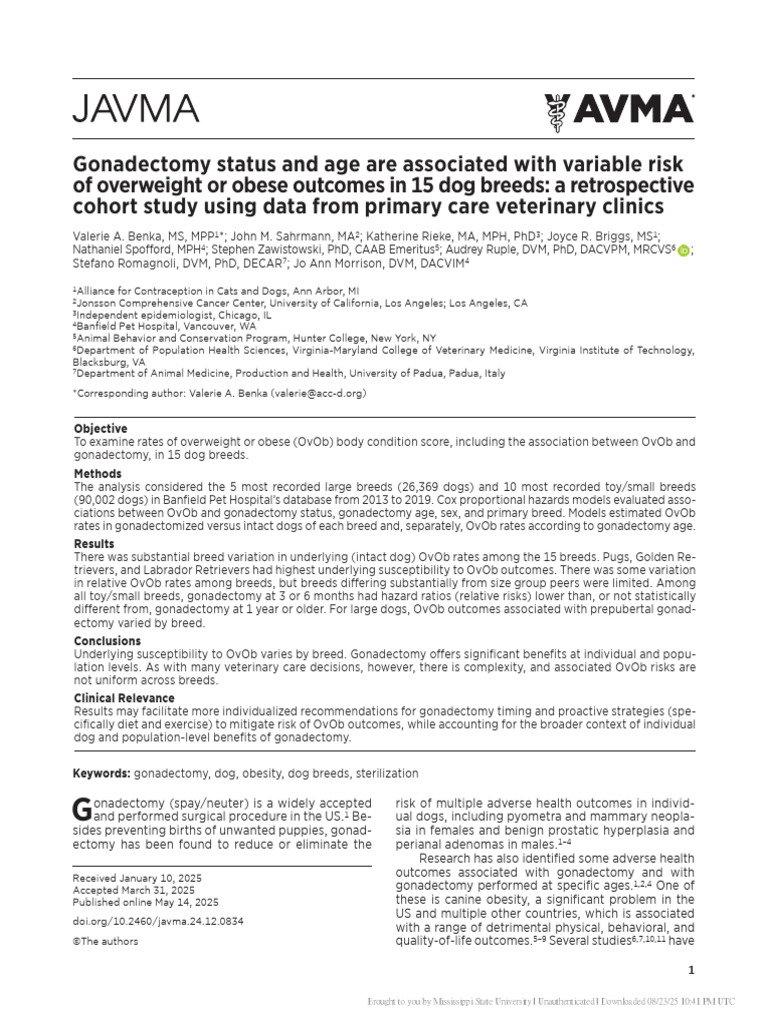 Gonadectomy and Canine Obesity Study | PDF | Neutering | Dogs