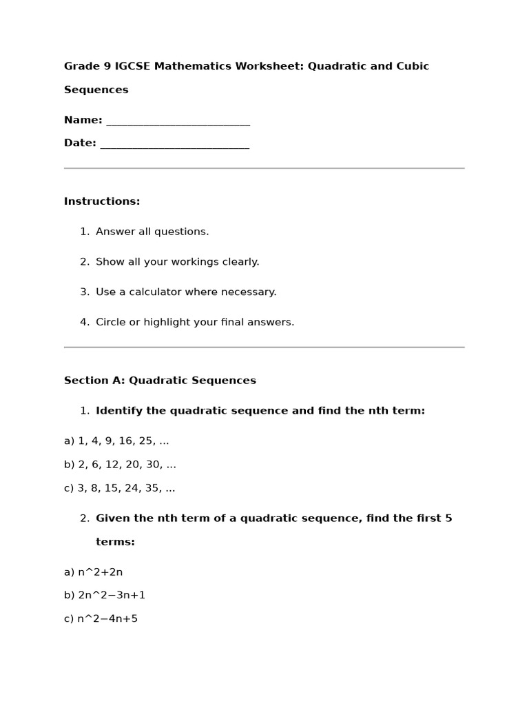 Quadratic and Cubic Sequences Worksheet | PDF