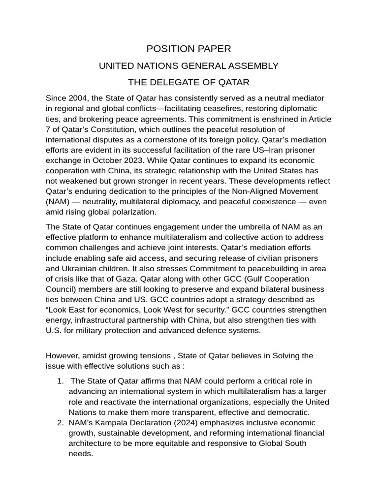 Position Paper - Qatar Unga | PDF | Non Aligned Movement | Qatar